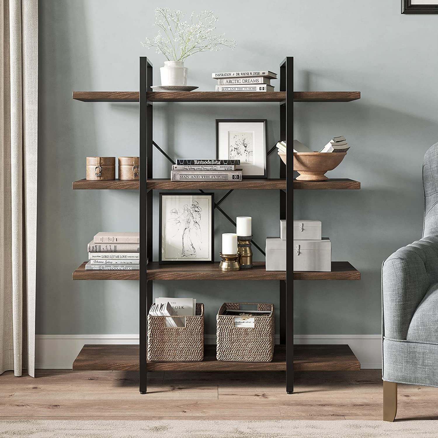 4 Tier Modern Rustic Industrial Bookshelf, Open Wide Office Etagere ...