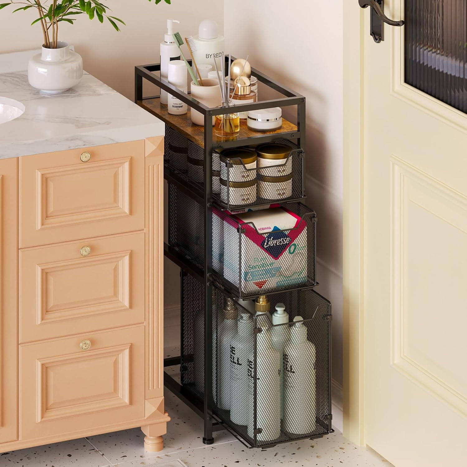 4 Tier Narrow Dresser Storage Rack, Small Bathroom Storage Cabinet ...