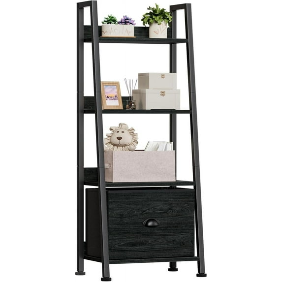 4 Tier Narrow Ladder Shelf Ladder Bookshelf with Drawer Industrial ...