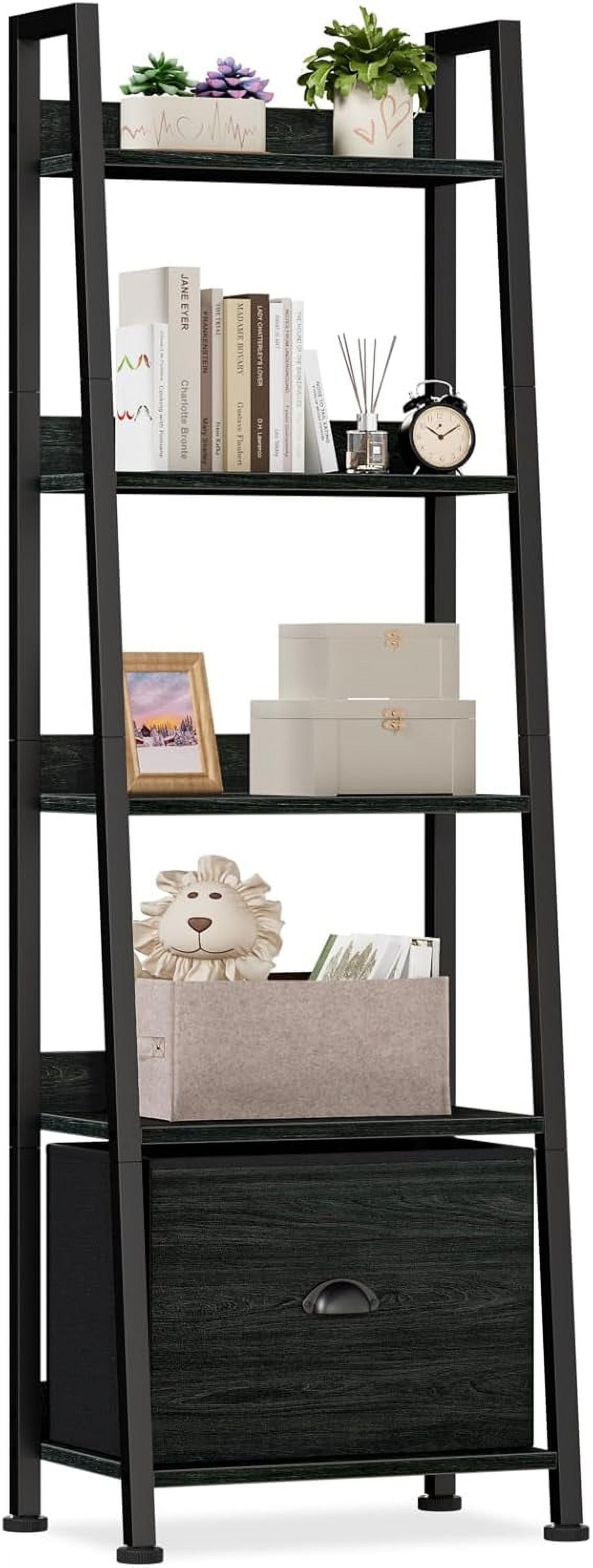 4 Tier Narrow Ladder Shelf Ladder Bookshelf with Drawer Industrial ...