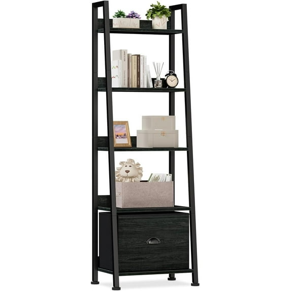 4 Tier Narrow Ladder Shelf Ladder Bookshelf with Drawer Industrial ...