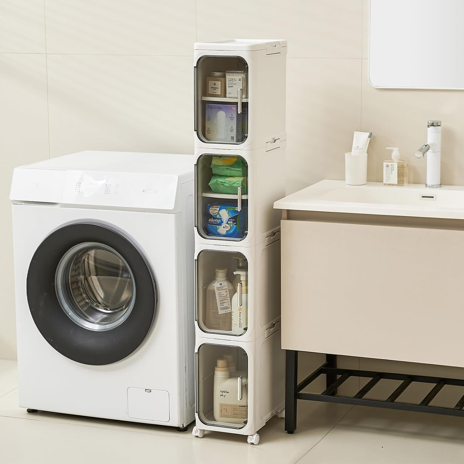 4-Tier Narrow Storage Cabinet with Magnetic Doors and Shelves, Plastic ...