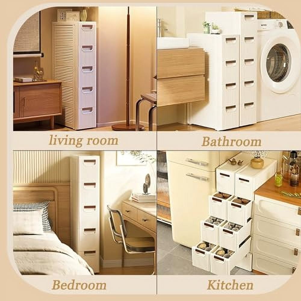 4-Tier Narrow Storage Cabinet, Slim Bathroom Rolling Cart with Drawers ...