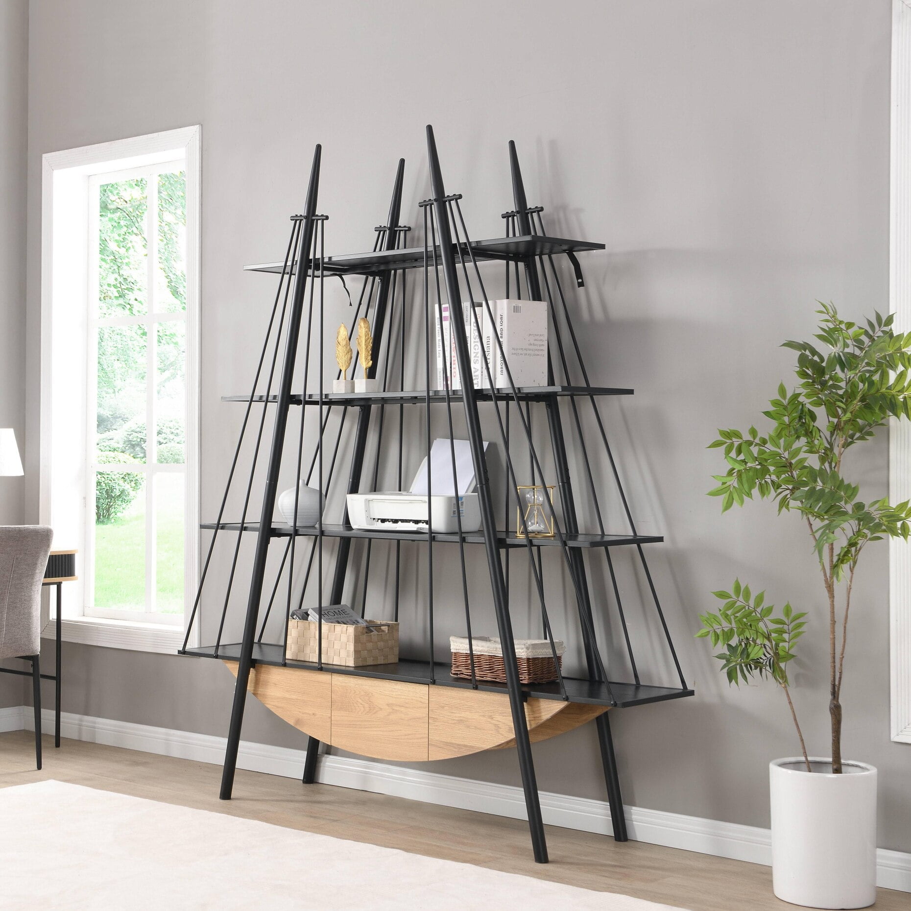 4-Tier Open Storage Shelf with Sailboat-Shape Metal Bookcase, Durable ...