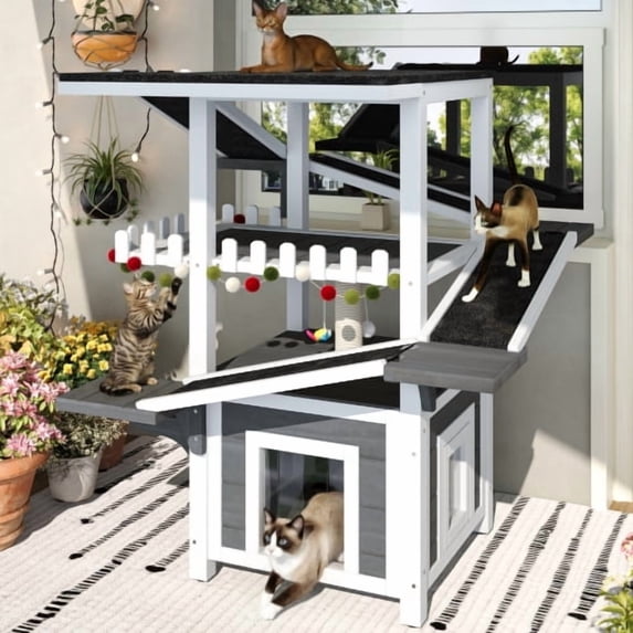 4-Tier Outdoor Cat House with Weatherproof Roof, Wooden Cat Tree Tower ...