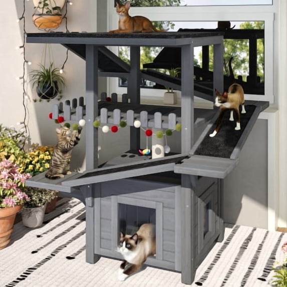 4-Tier Outdoor Cat House with Weatherproof Roof, Wooden Cat Tree Tower ...