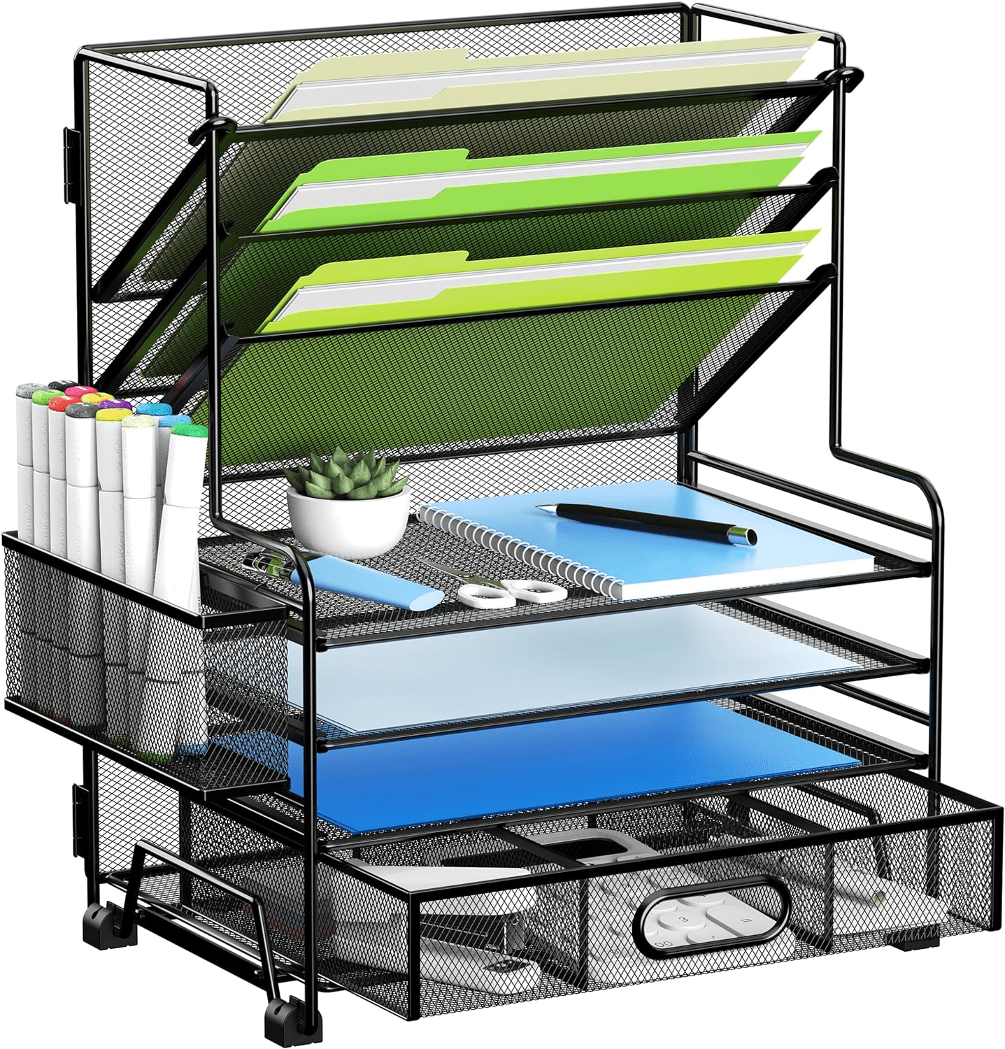 4-Tier Paper Organizer + 3-Pocket File Holder + Drawer + 2 Pen Holders ...