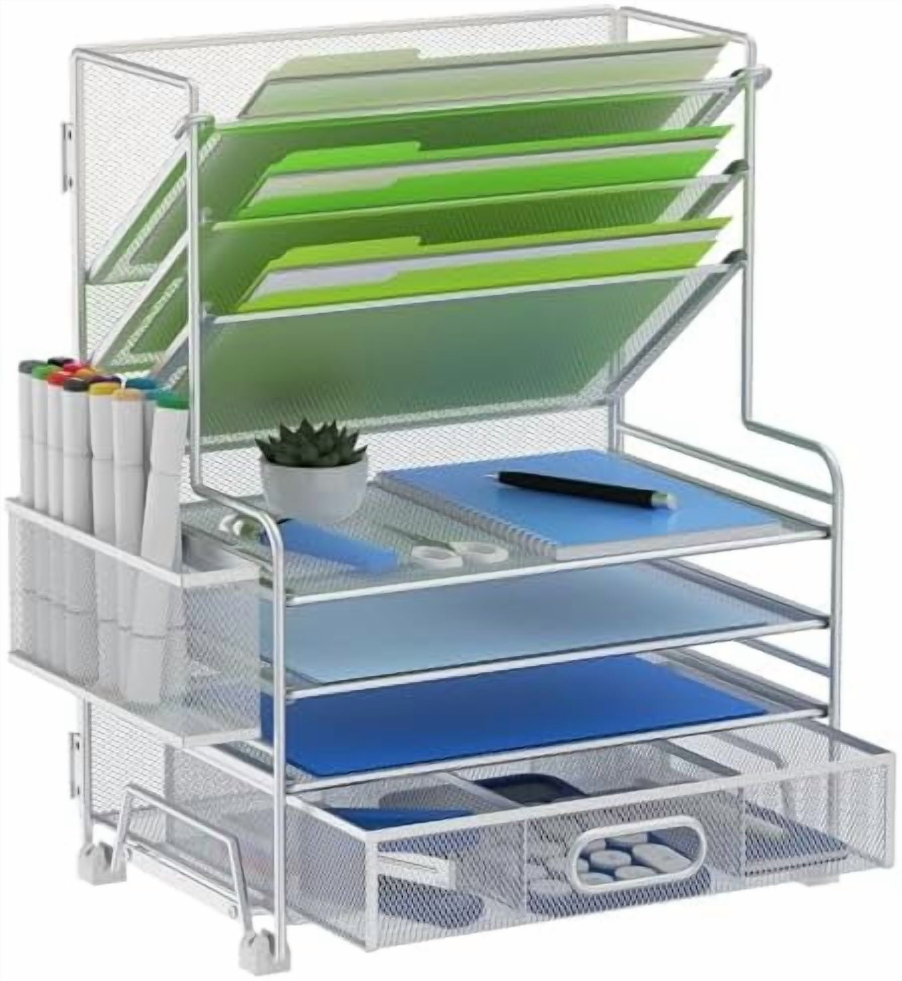4-Tier Paper Organizer + 3-Pocket File Holder + Drawer + Pen Holders ...