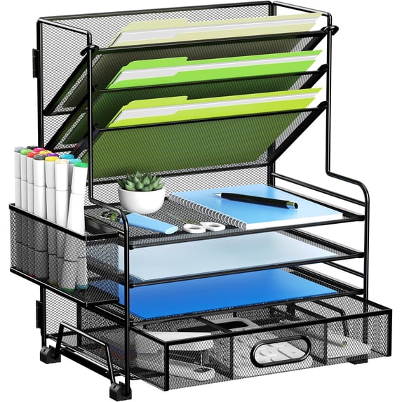 4-Tier Paper Organizer + 3-Pocket File Holder + Drawer + Pen Holders ...