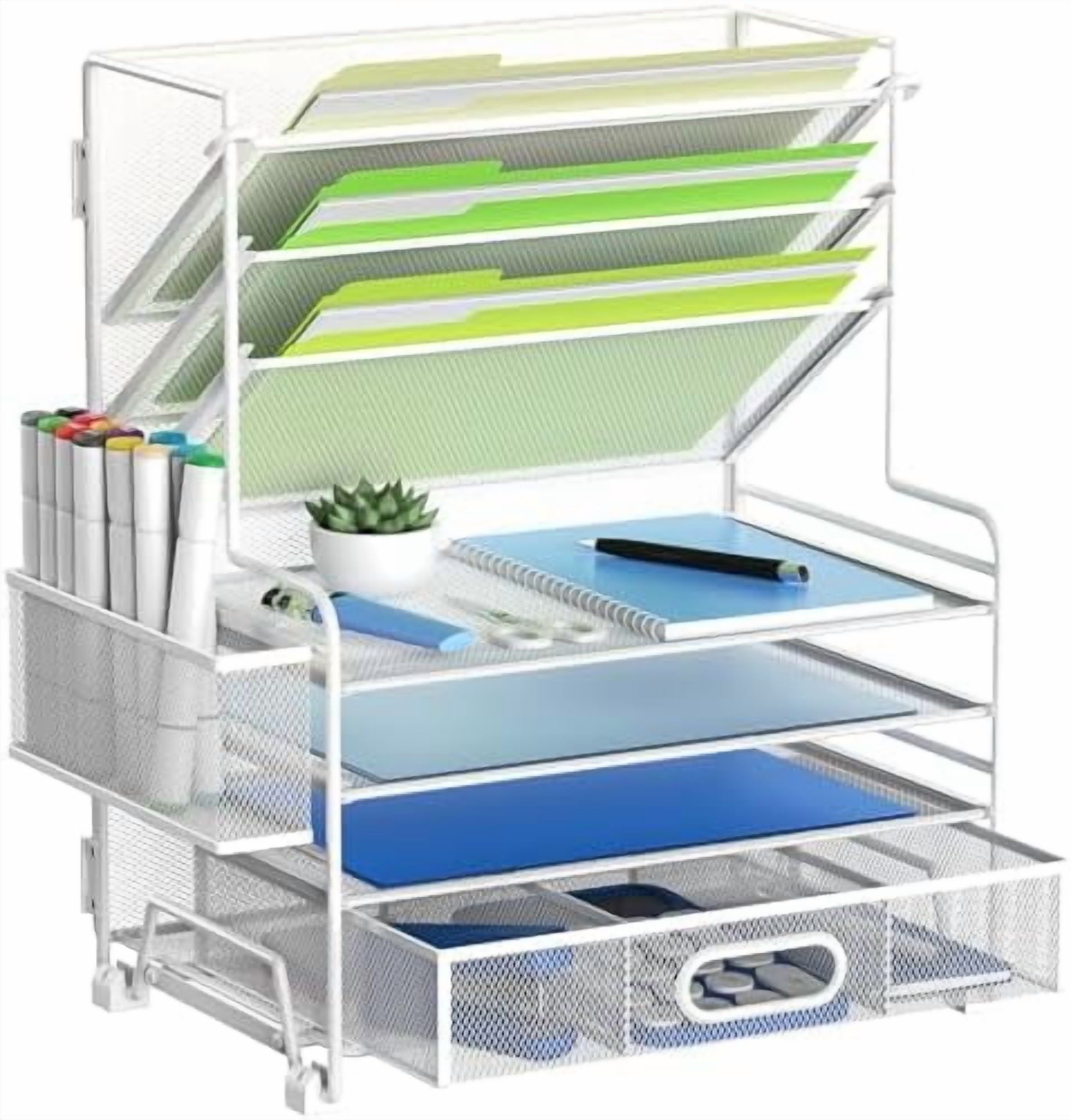 4-Tier Paper Organizer + 3-Pocket File Holder + Drawer + Pen Holders ...