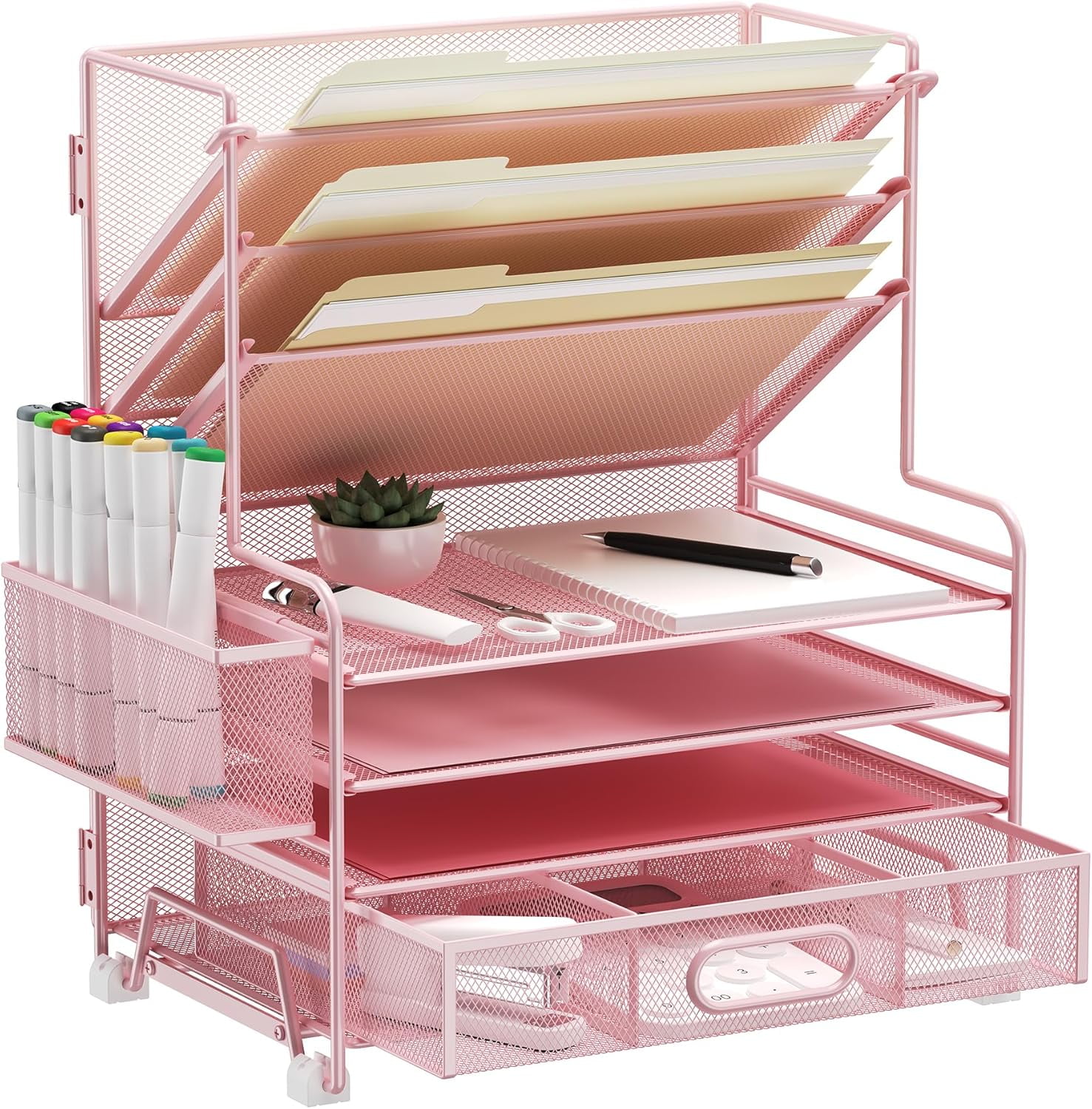 4-Tier Paper Organizer + 3-Pocket File Holder + Drawer + Pen Holders ...