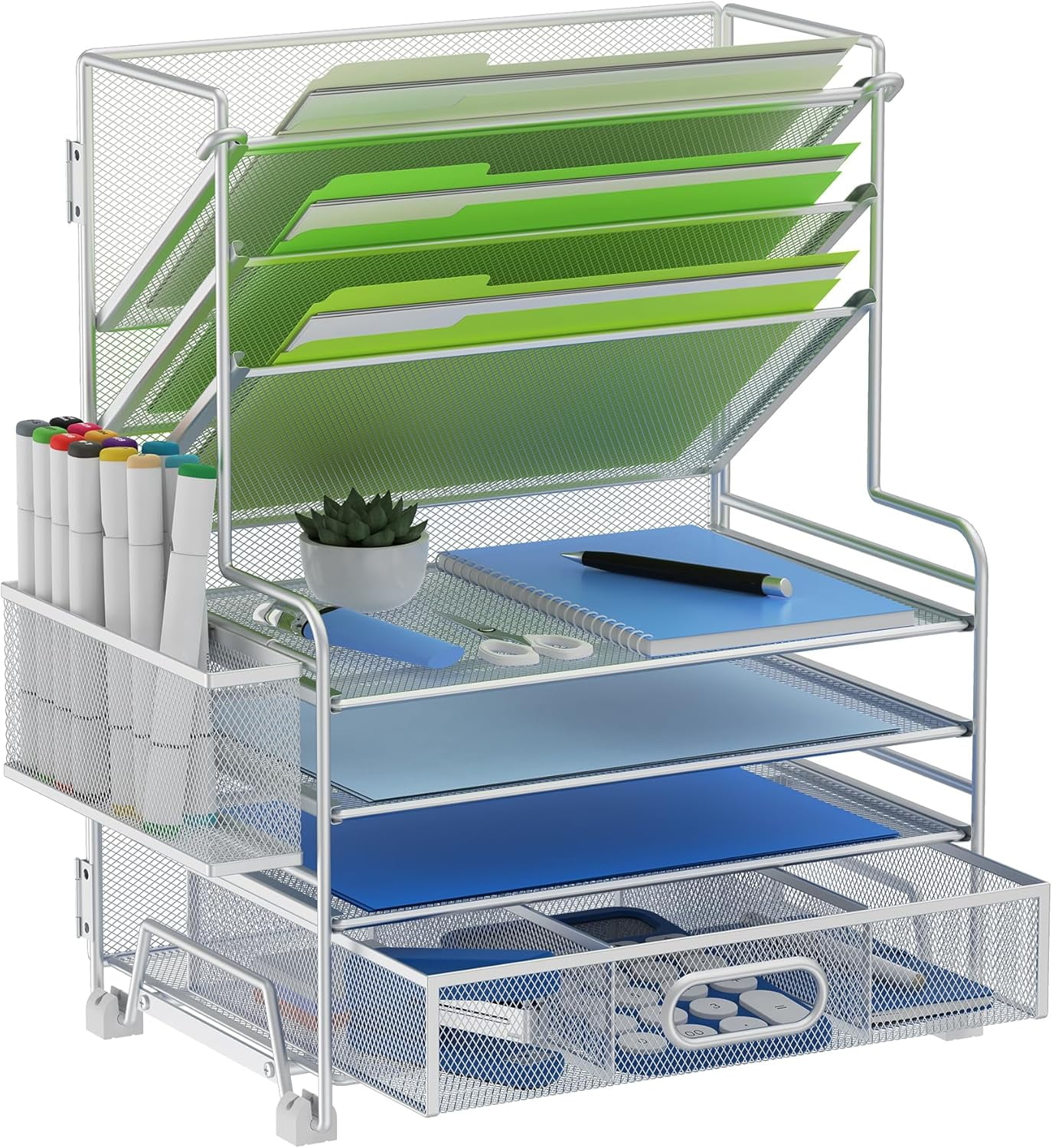 4-Tier Paper Organizer + 3-Pocket File Holder + Drawer + Pen Holders ...