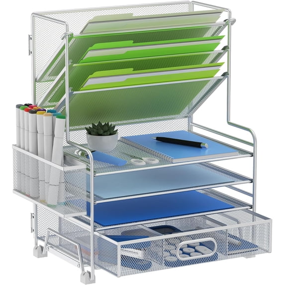 4-Tier Paper Organizer + 3-Pocket File Holder + Drawer + Pen Holders ...
