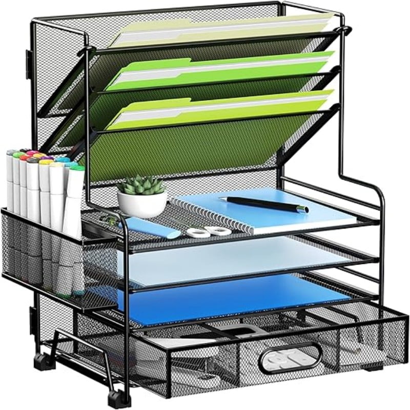 4-Tier Paper Organizer + 3-Pocket File Holder + Drawer + Pen Holders ...