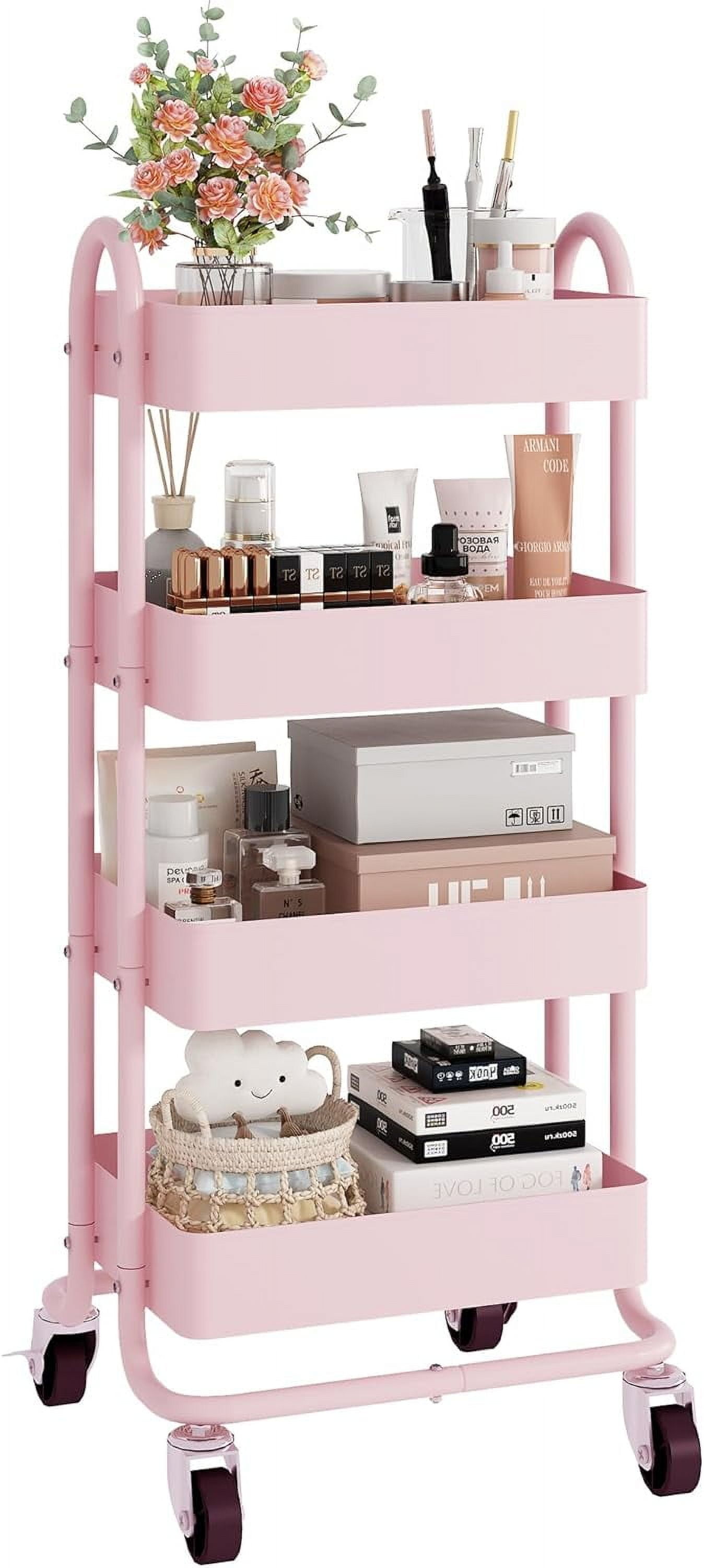 4-Tier Pink Rolling Cart,Metal Utility Rolling Cart with Handle ...