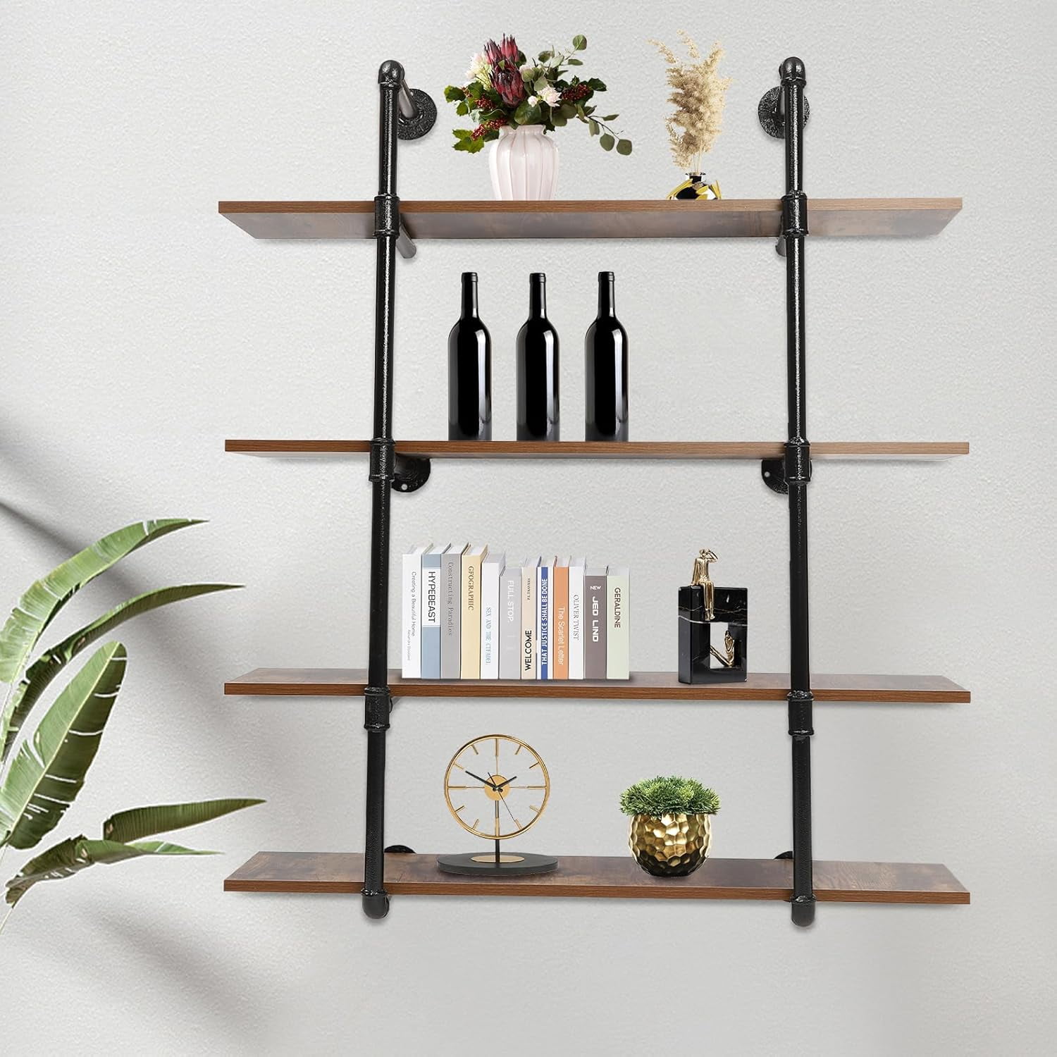 4 Tier Pipe Shelving Wall Mounted, Rustic Metal Floating Shelves, Real ...