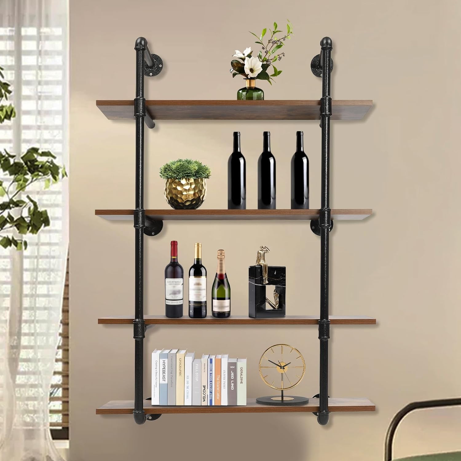 4 Tier Pipe Shelving Wall Mounted, Rustic Metal Floating Shelves, Real ...