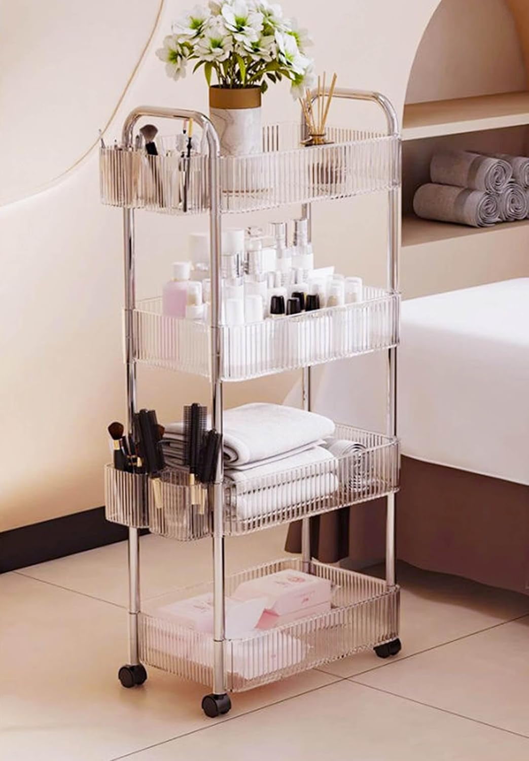 4-Tier Plastic Clear Rolling Utility Cart with Wheels, Lightweight ...
