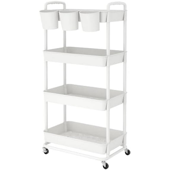 4-Tier Plastic Rolling Storage Cart Utility Cart with Extra Hanging ...