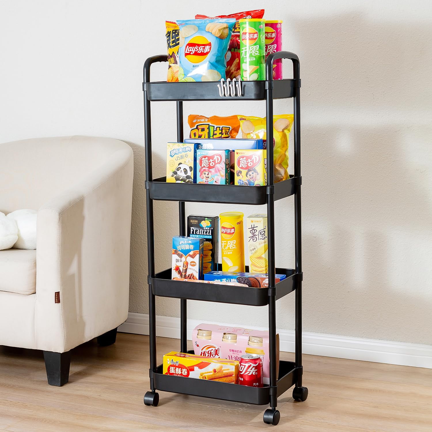 4 Tier Rolling Cart Storage Cart, Plastic Rolling Utility Cart on ...