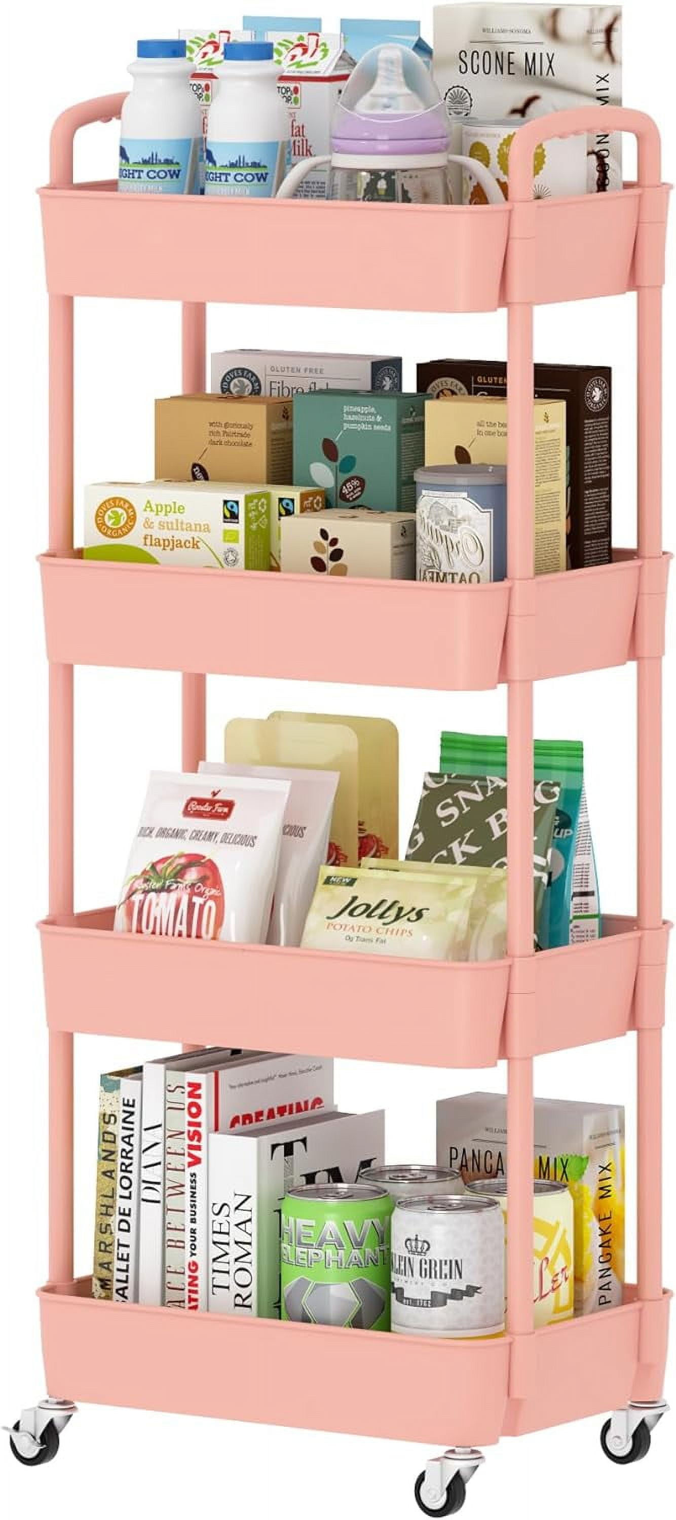 4-Tier Plastic Rolling Utility Cart with Handle, Multi-Functional ...