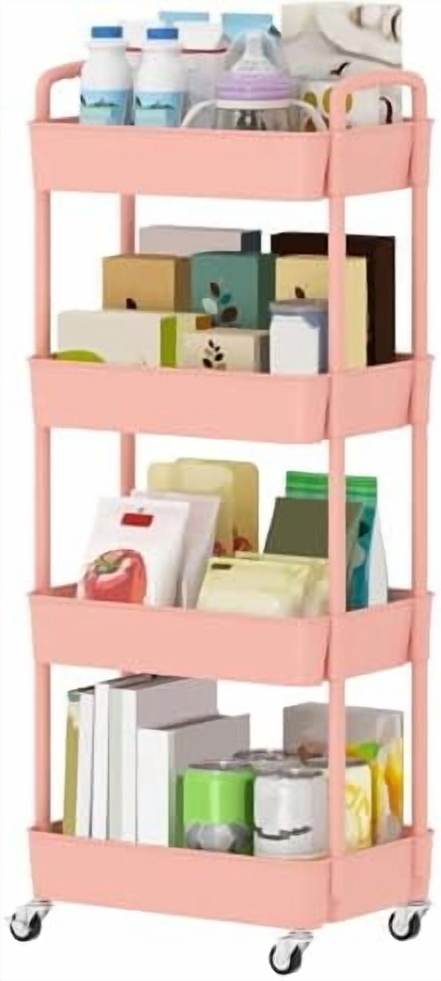 4-Tier Plastic Rolling Utility Cart with Handle, Multi-Functional ...