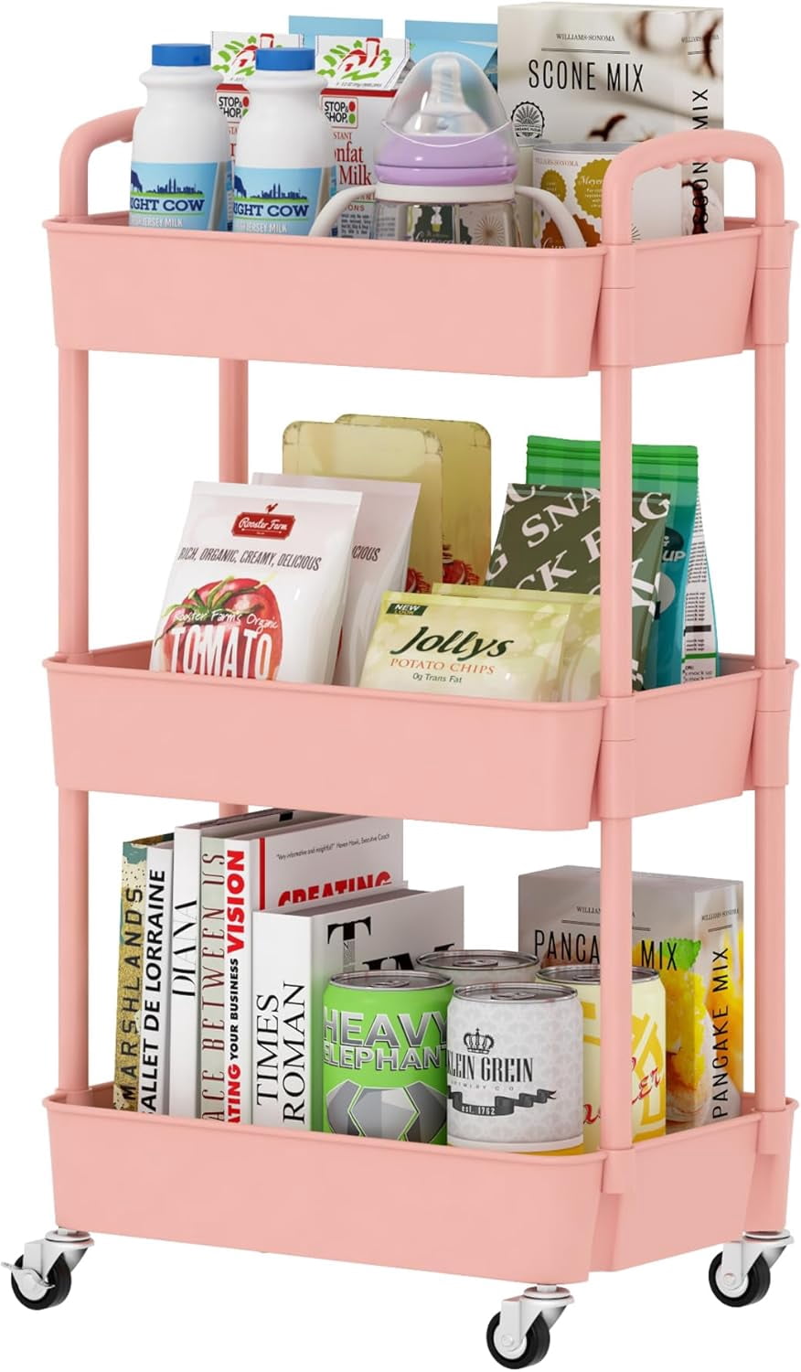 4-Tier Plastic Rolling Utility Cart with Handle, Multi-Functional ...