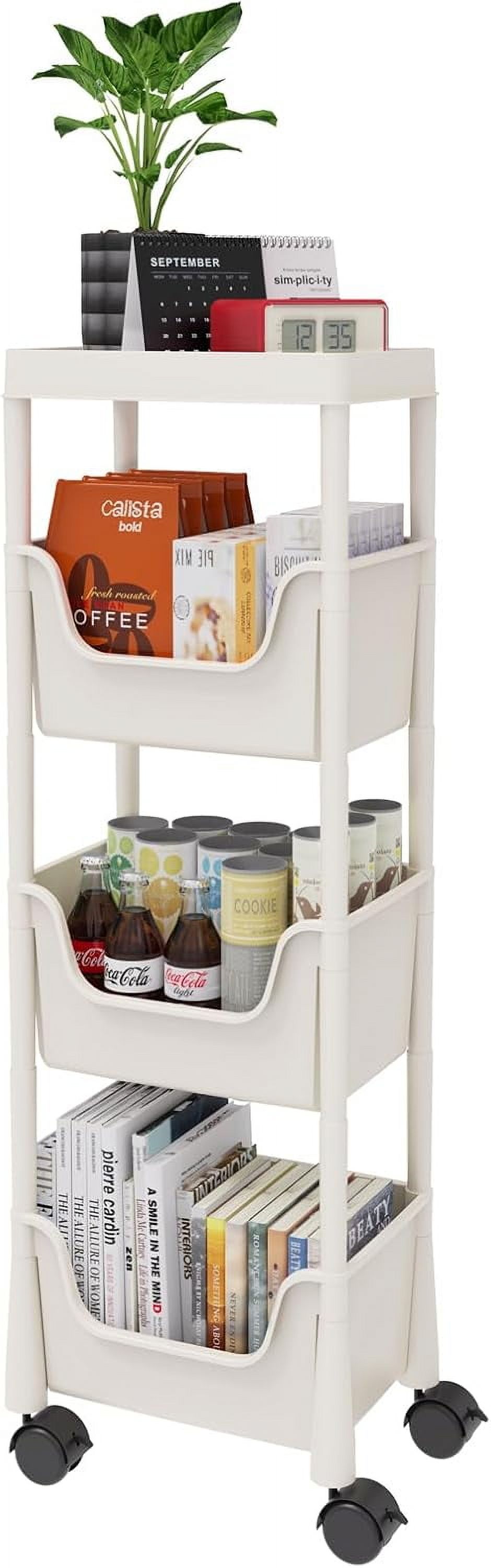 4-Tier Plastic Rolling Utility Cart - Multifunctional Storage Cart with ...