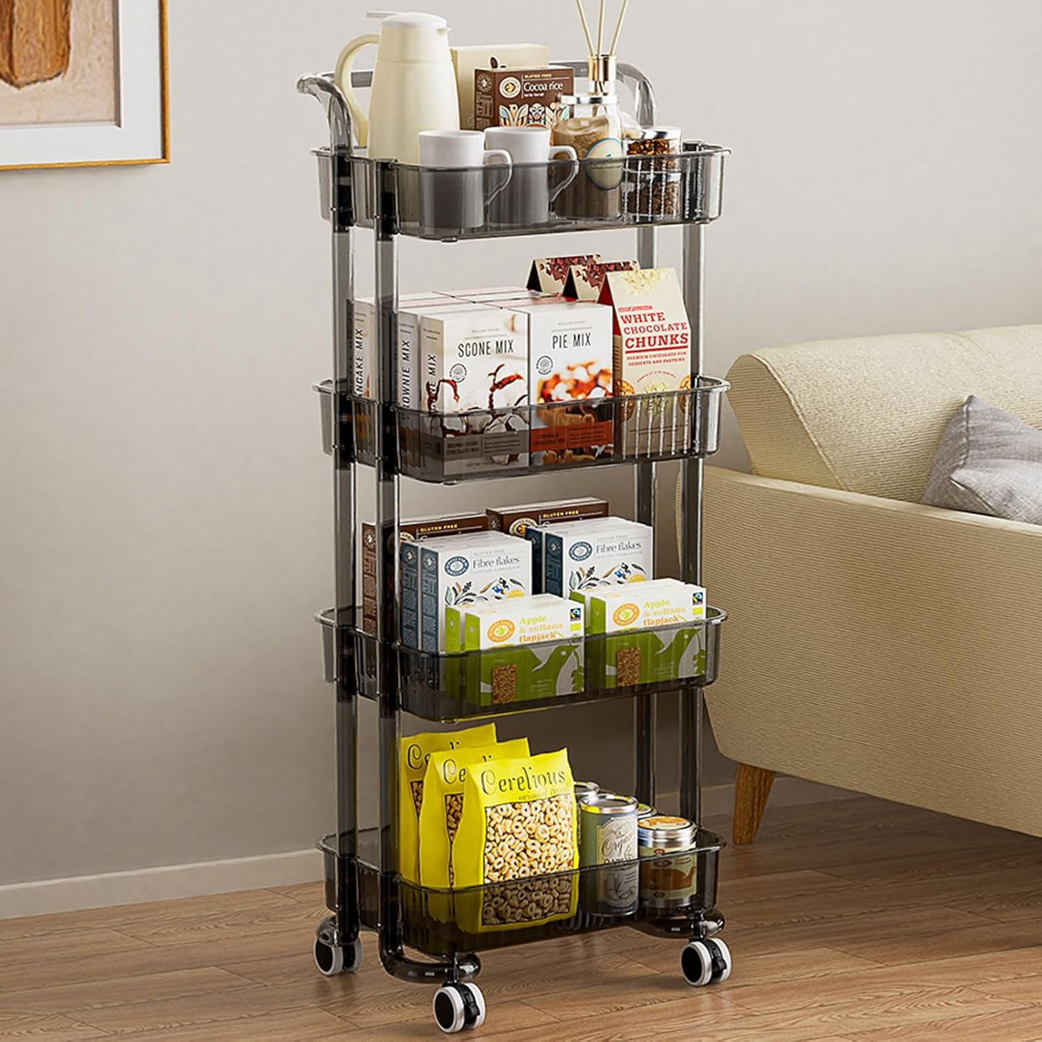4-Tier Plastic Rolling Utility Cart Organizer with Handle, Multi ...