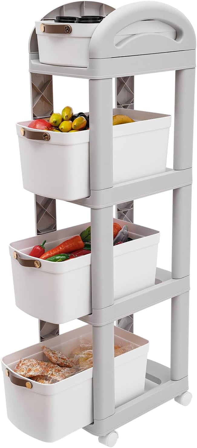 4-Tier Plastic Rolling Utility Cart with Wheels, Multi-Functional ...