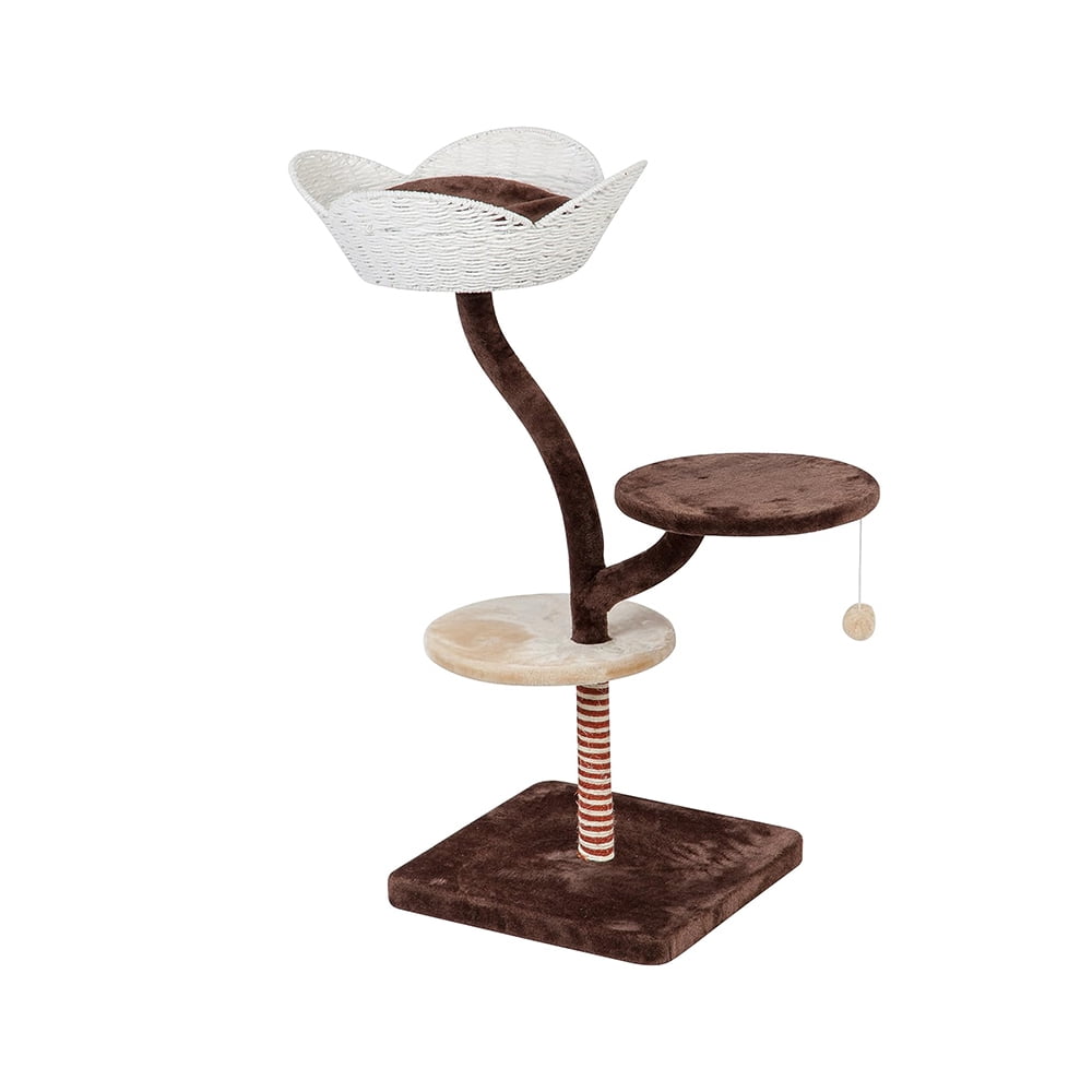 4-Tier Plush Wicker Cat Tree with Basket Cushion and Perches, Kitty ...
