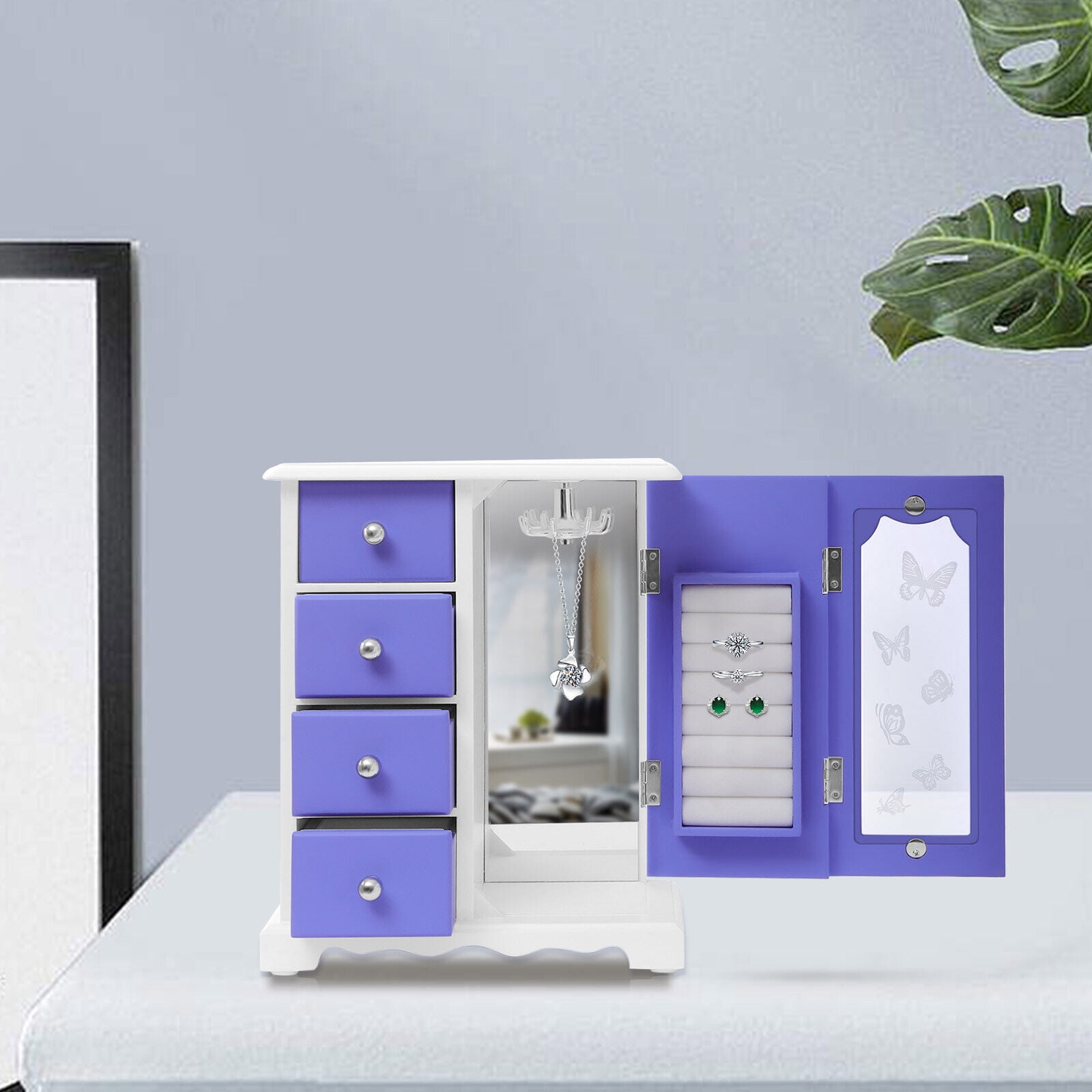 4 Tier Purple Wooden Double Door Jewelry Storage Box w/4 Drawers+Built ...