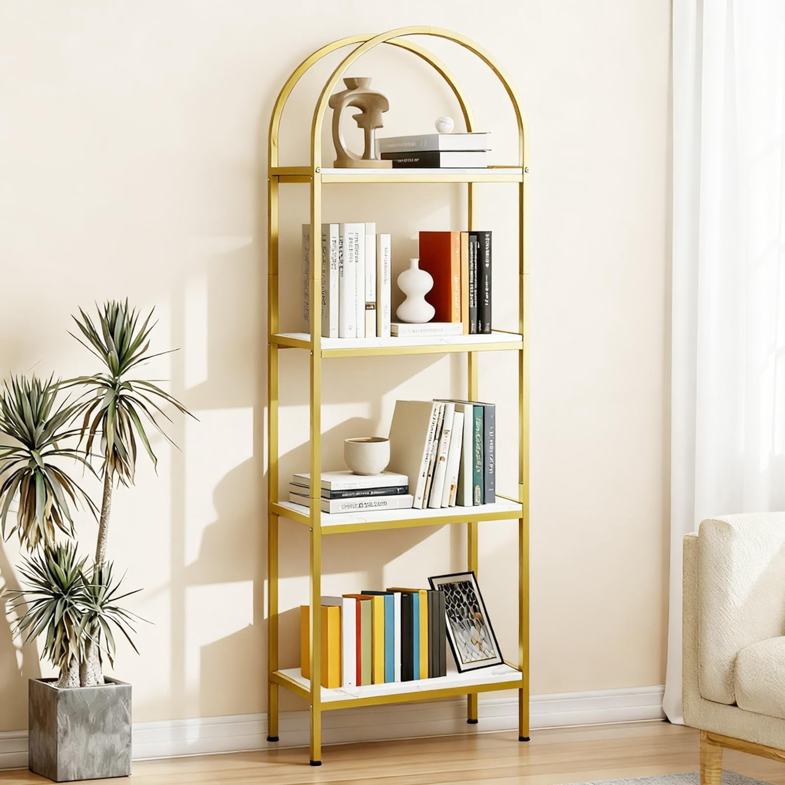 4-Tier Reinforce-White+Gold Arched Bookshelf Metal Frame Modern Open ...