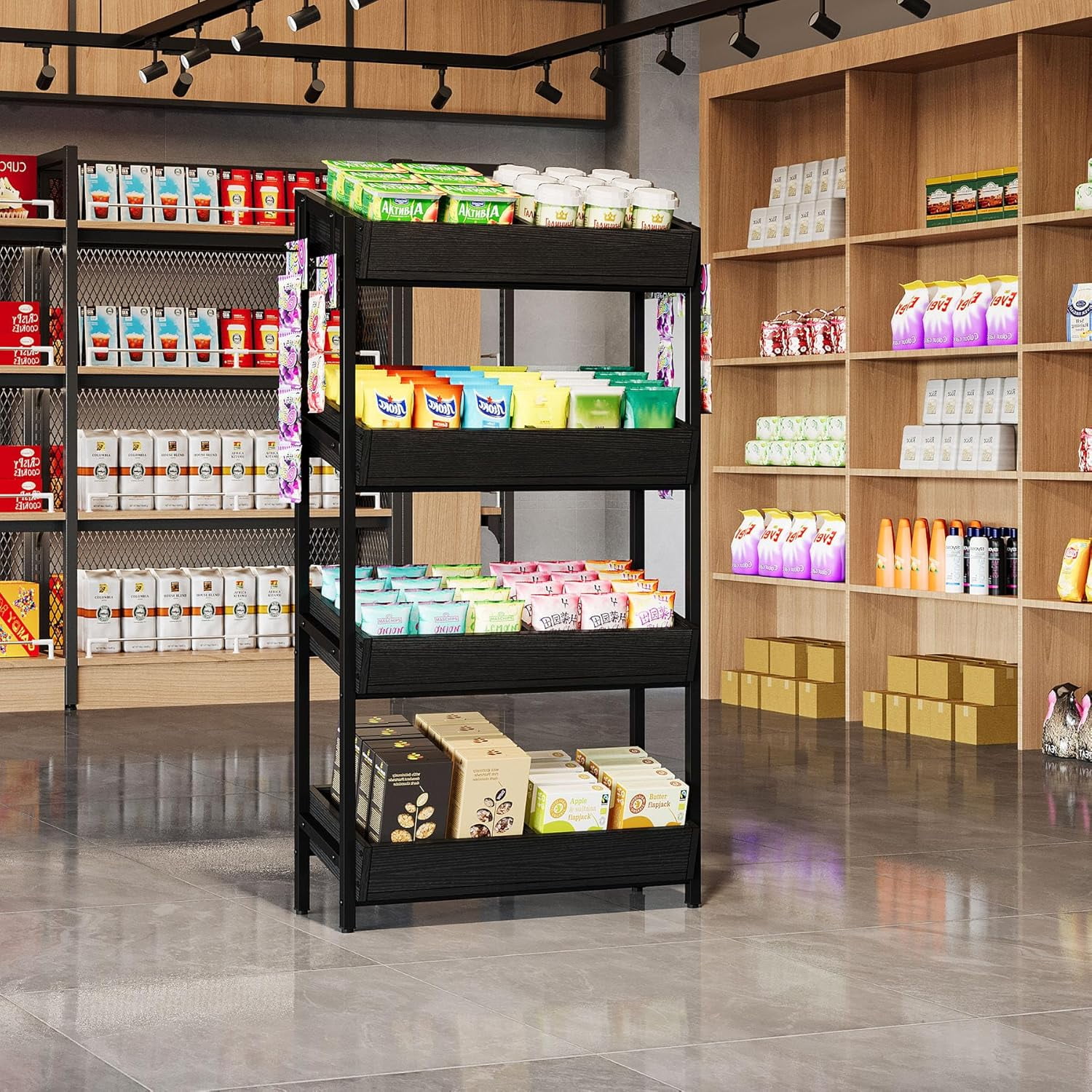 4-Tier Retail Display Rack Stand, Wooden Snack Candy Rack, Storage ...