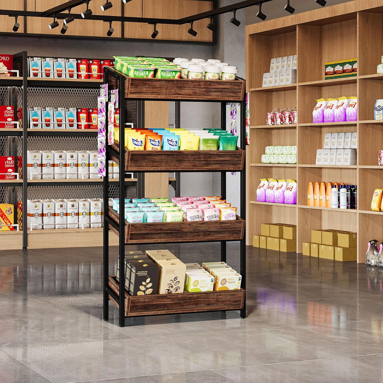 4-Tier Retail Display Rack Stand, Wooden Snack Candy Rack, Storage ...