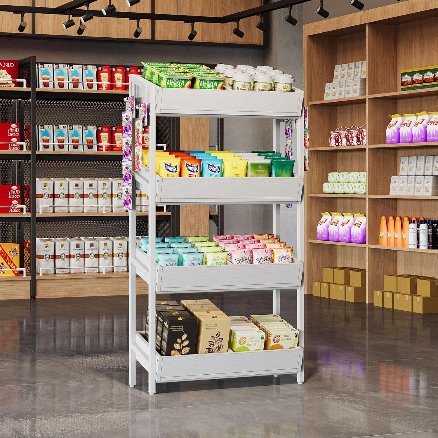 4-Tier Retail Display Rack Stand, Wooden Snack Candy Rack, Storage ...