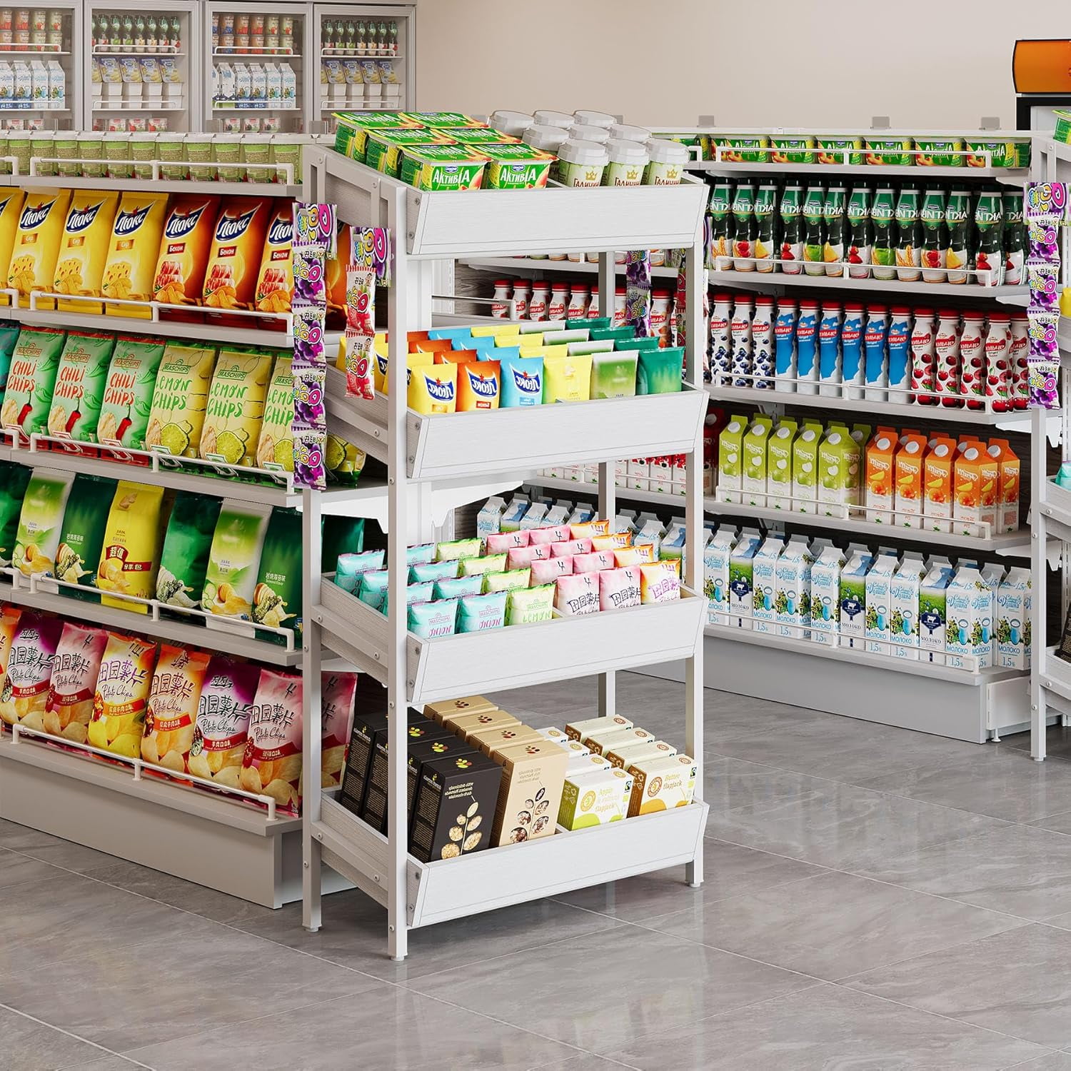 4-Tier Retail Display Rack, Wooden Snack Candy Stand, Concession Potato ...