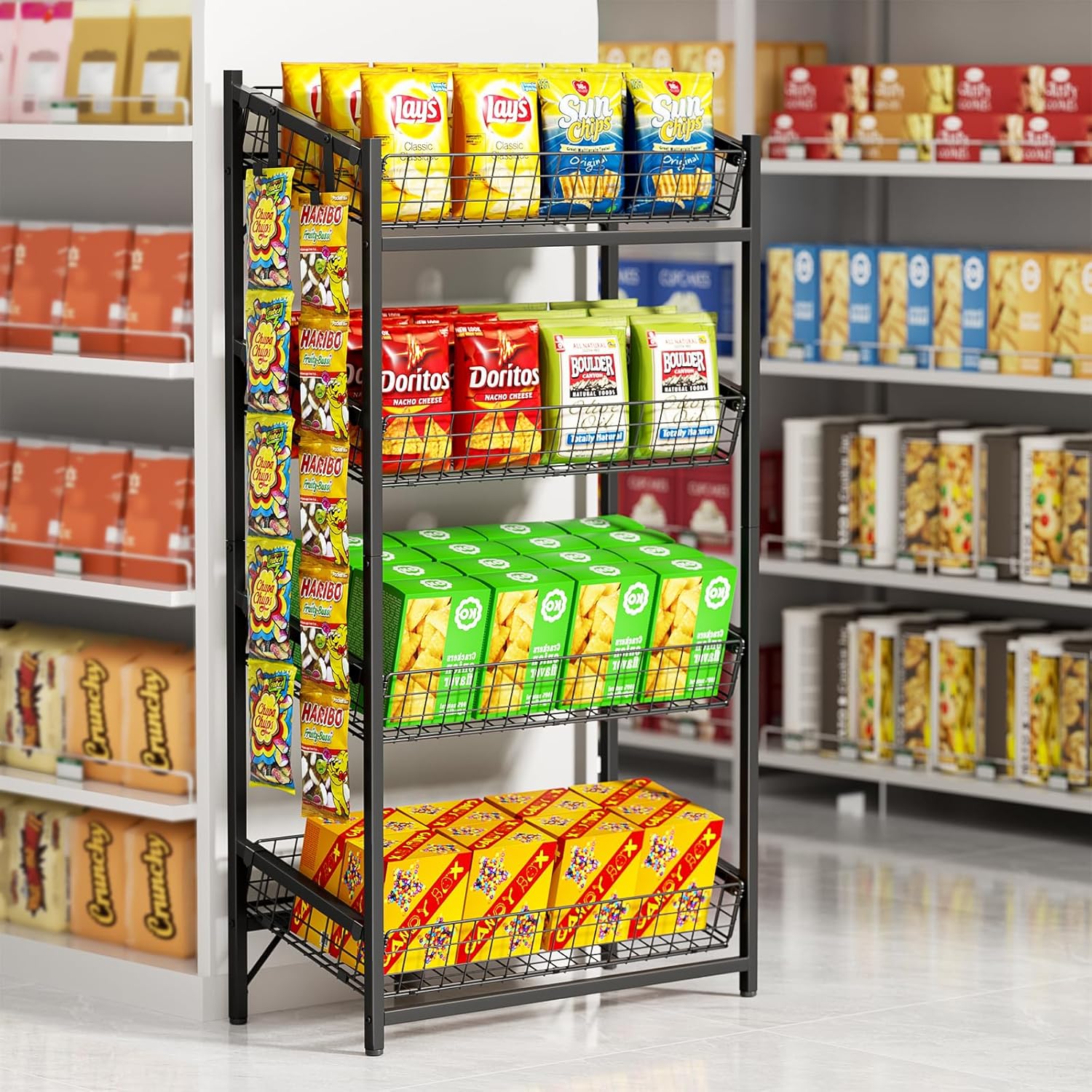 4 Tier Retail Snack Display Stand, Metal Retail Display Rack with 2 ...