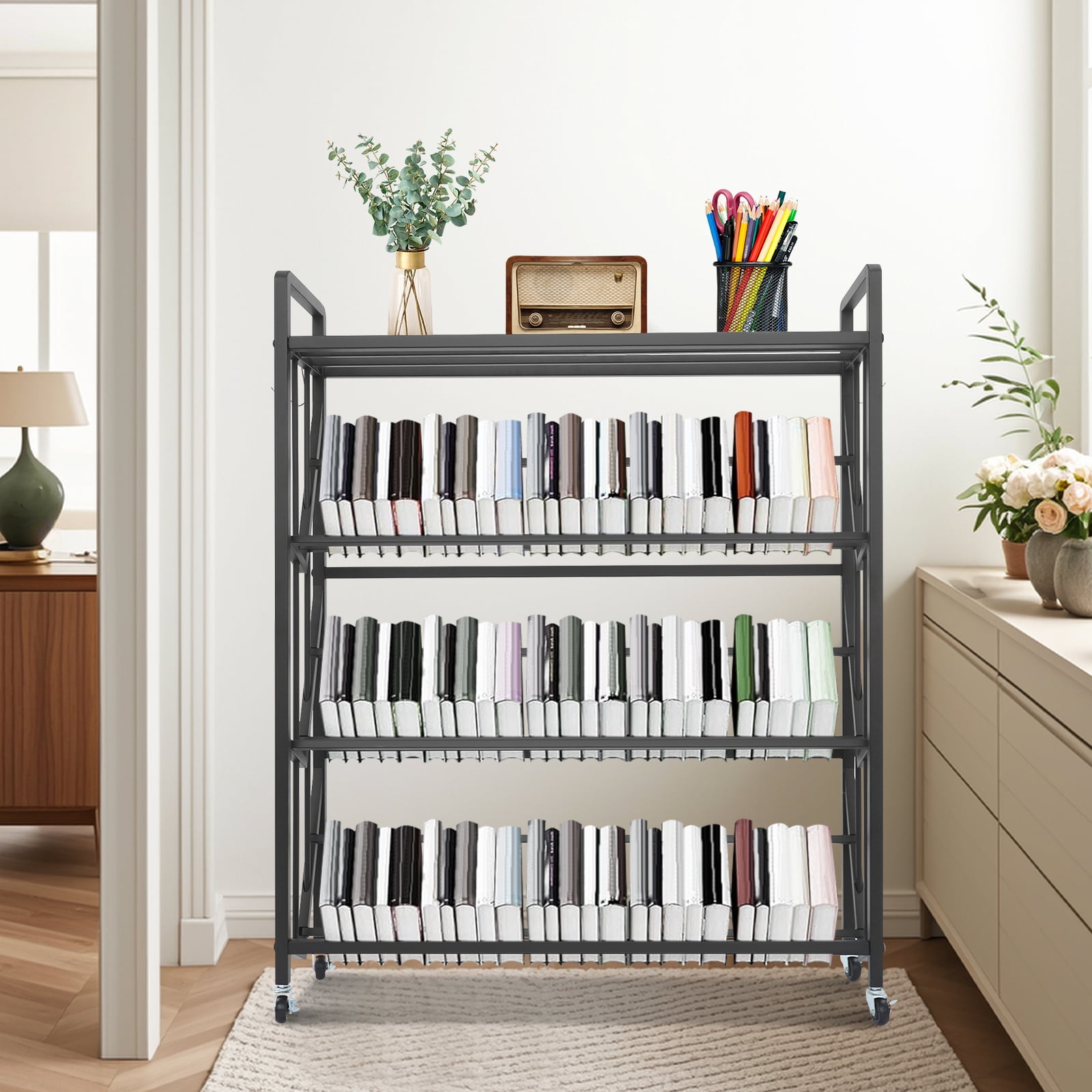4-Tier Rolling Book Cart, Large Capacity Bookshelf Storage Rack, Mobile ...