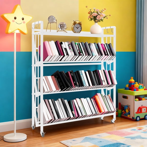 4-Tier Rolling Book Cart, Large Capacity Bookshelf Storage Rack, Mobile ...
