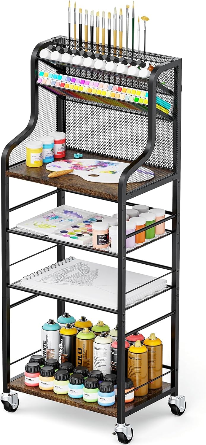 4 Tier Rolling Cart, Art Supply Storage Organizer for Art Studio, Metal ...