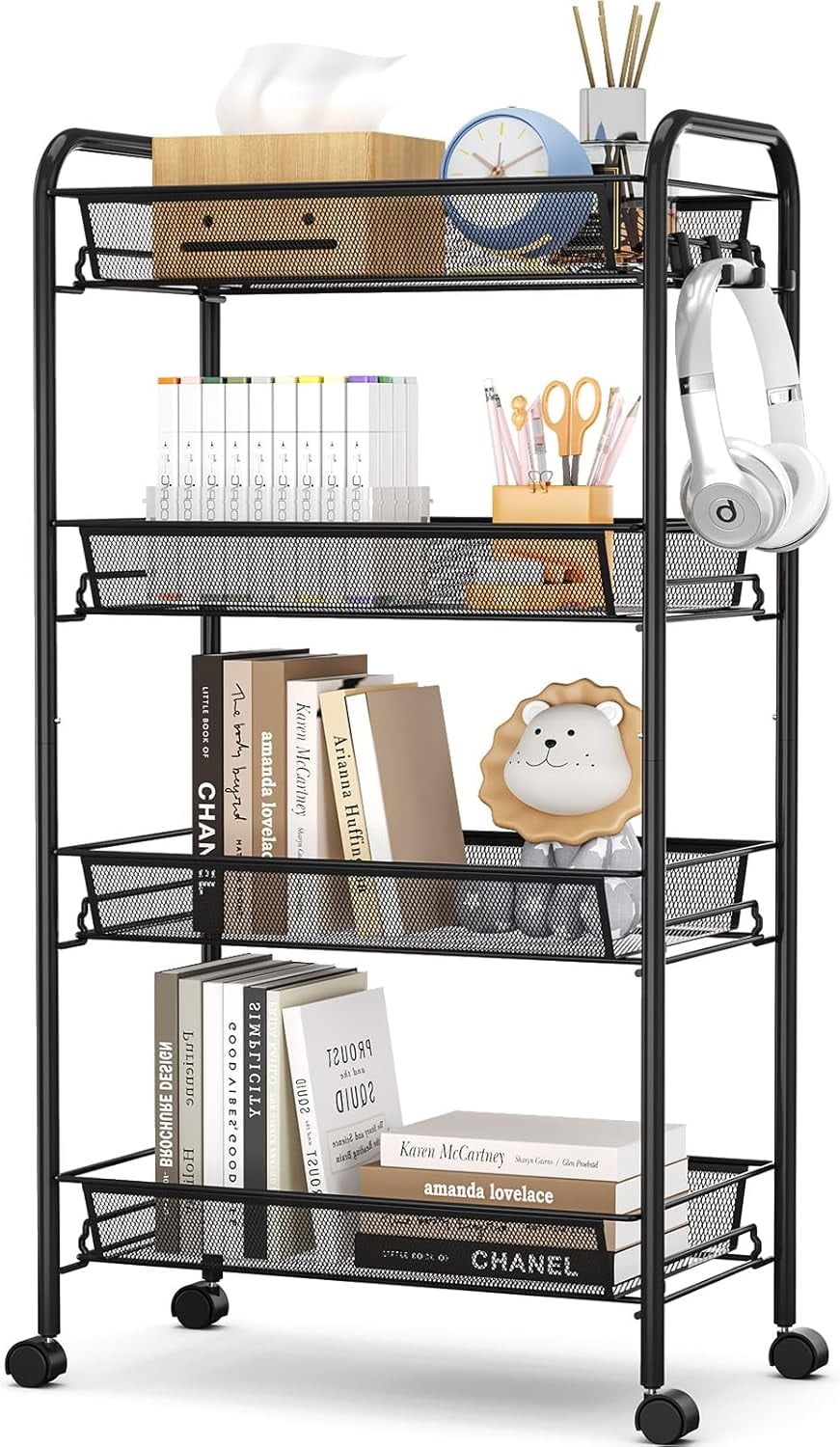 4-Tier Rolling Cart, Metal Utility Cart with 3 Hooks, Easy Assemble ...