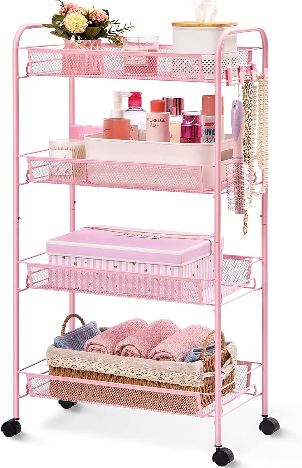 4-Tier Rolling Cart, Metal Utility Cart with 3 Hooks, Easy Assemble ...
