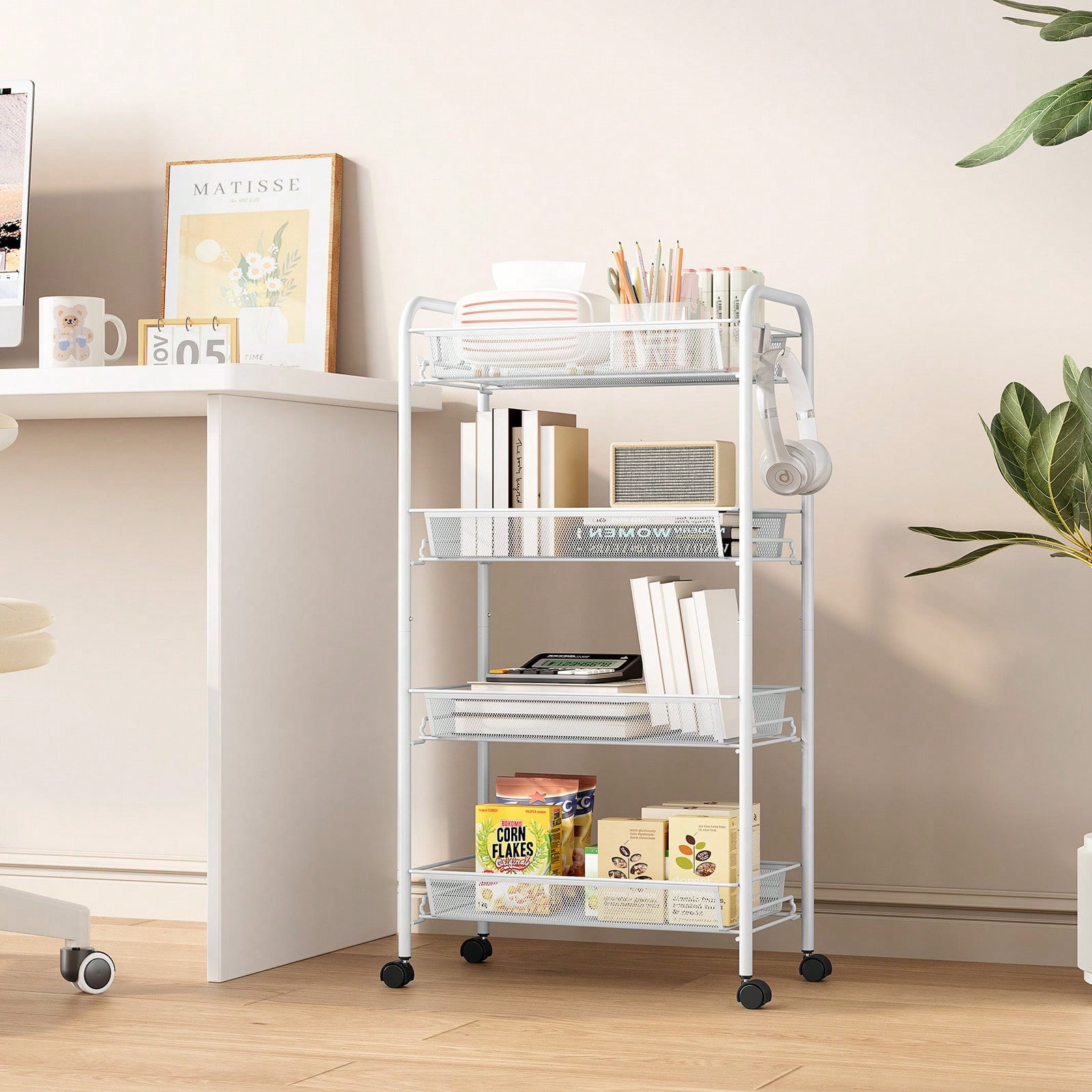 4-Tier Rolling Cart, Metal Utility Cart With 3 Hooks, Easy Assemble ...