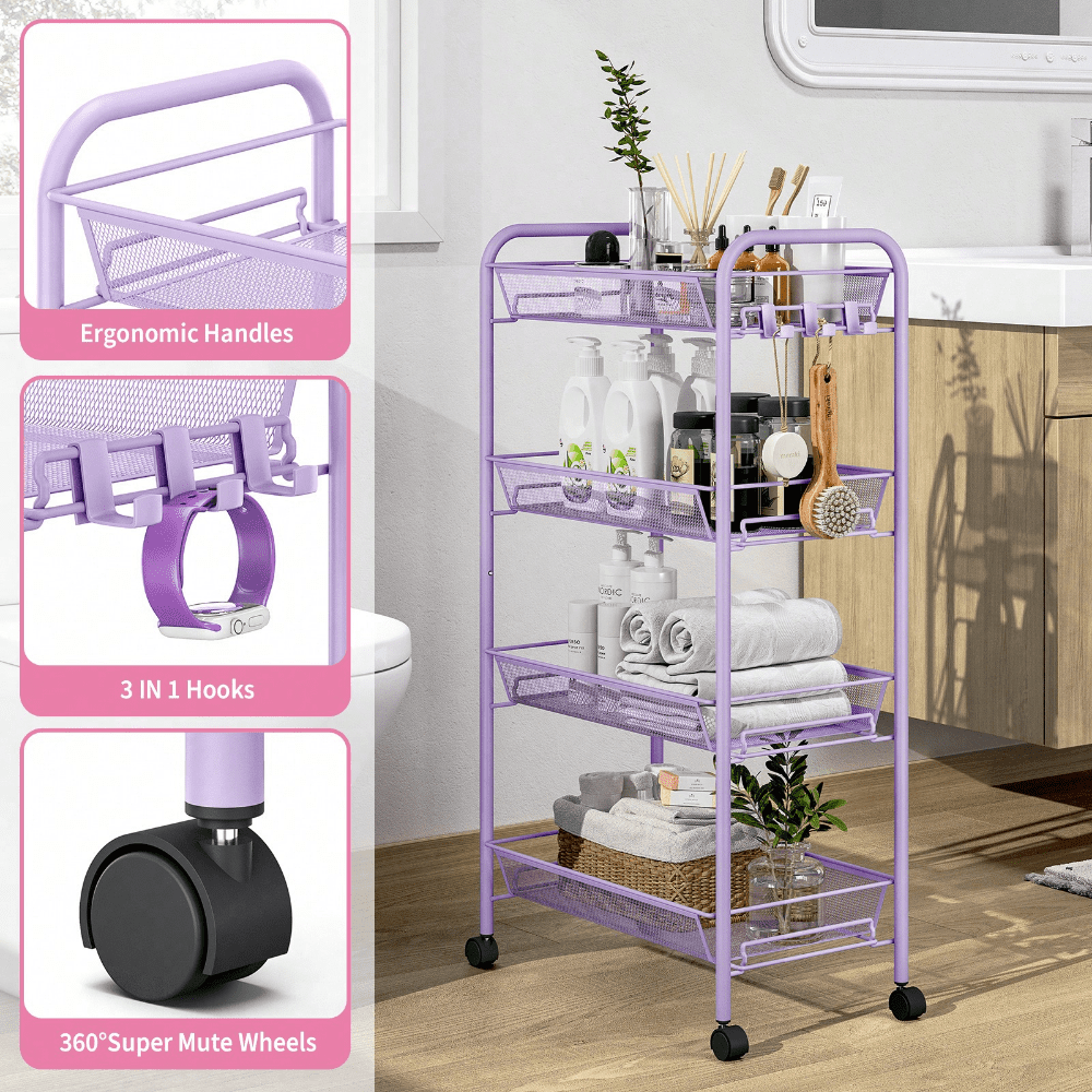 4-Tier Rolling Cart, Metal Utility Cart With 3 Hooks, Easy Assemble ...