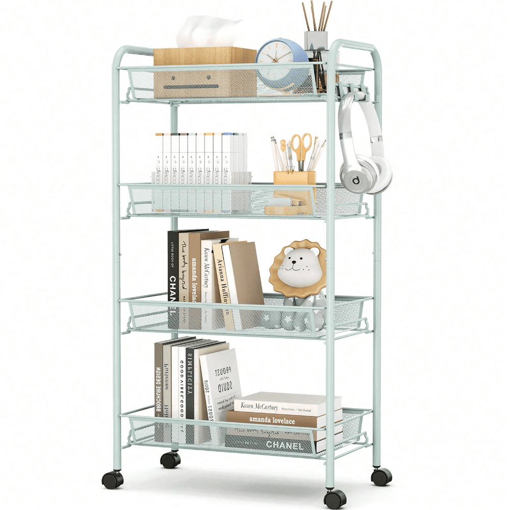 4-Tier Rolling Cart, Metal Utility Cart With 3 Hooks, Easy Assemble ...