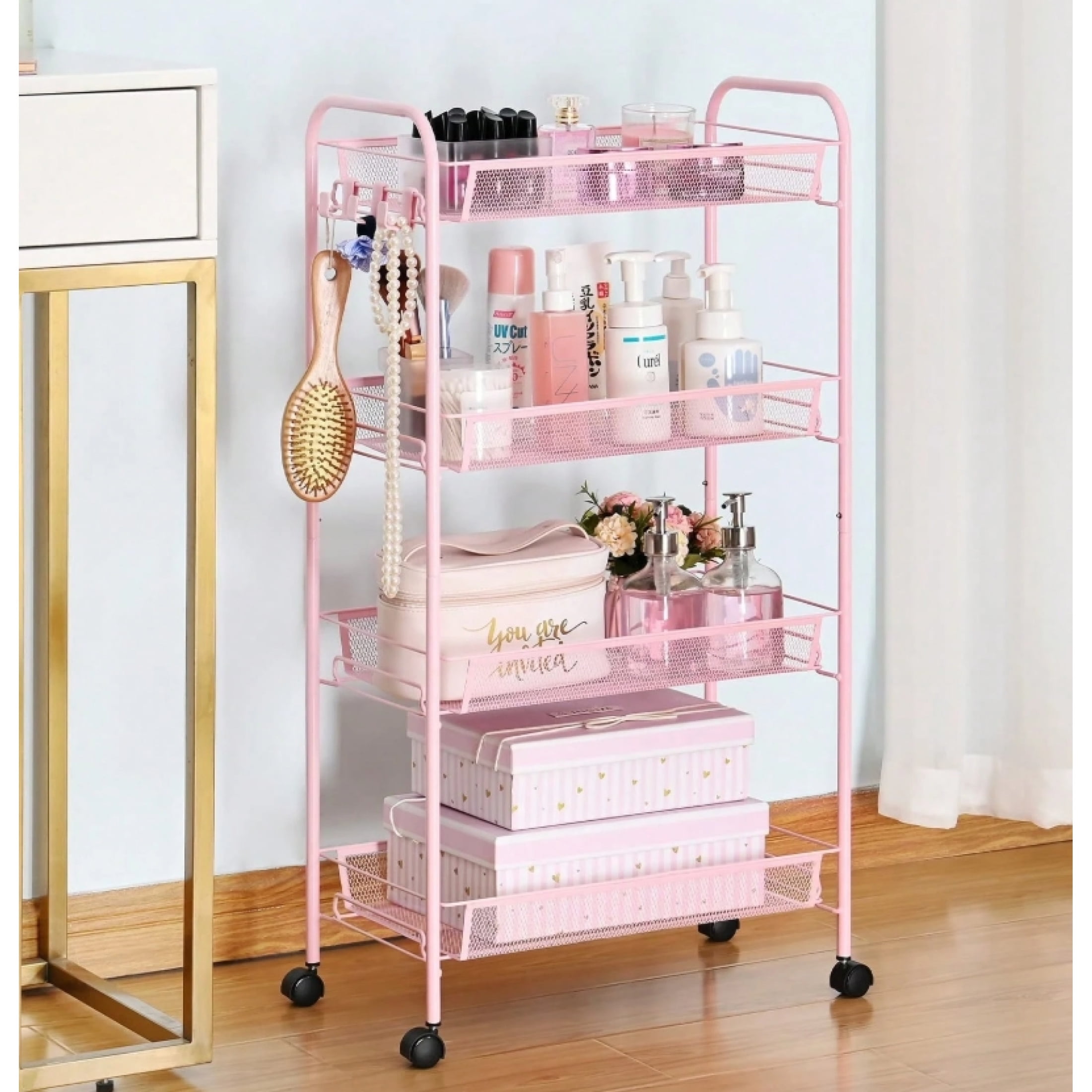 4-Tier Rolling Cart, Metal Utility Cart With 3 Hooks, Easy Assemble ...