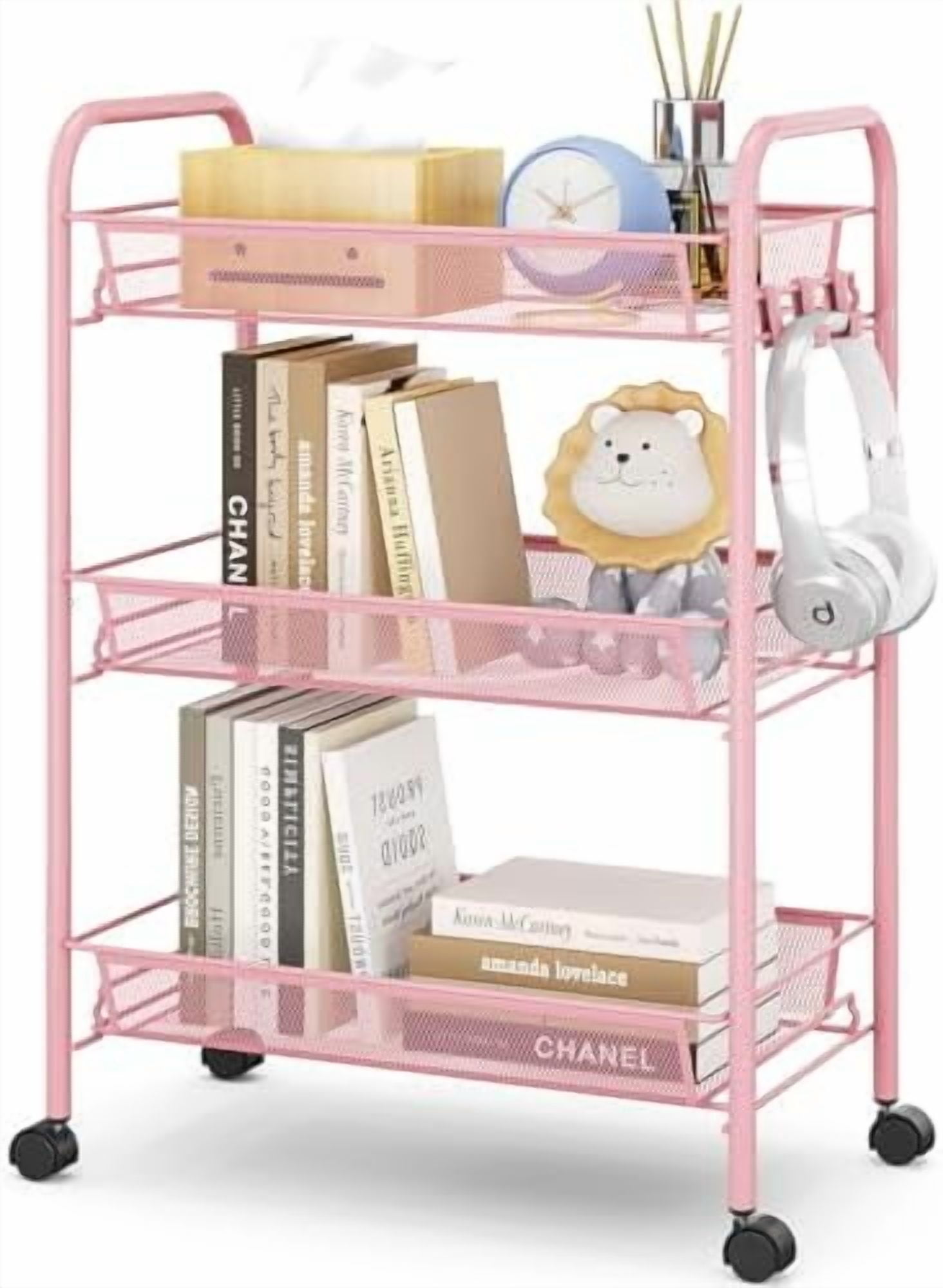 4-Tier Rolling Cart, Metal Utility Cart with 3 Hooks, Easy Assemble ...