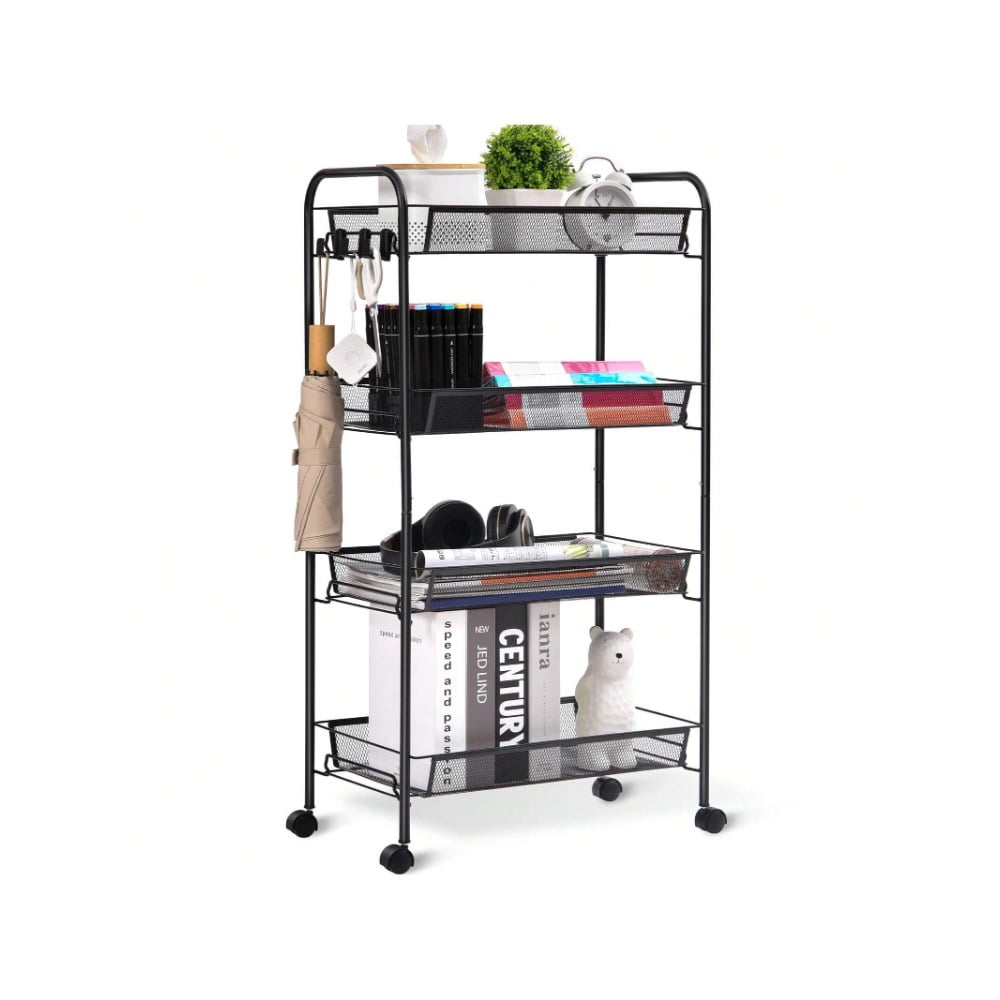 4-Tier Rolling Cart, Metal Utility Cart With 3 Hooks, Easy Assemble ...