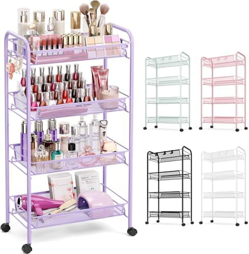 4-Tier Rolling Cart, Metal Utility Cart with 3 Hooks, Easy Assemble ...